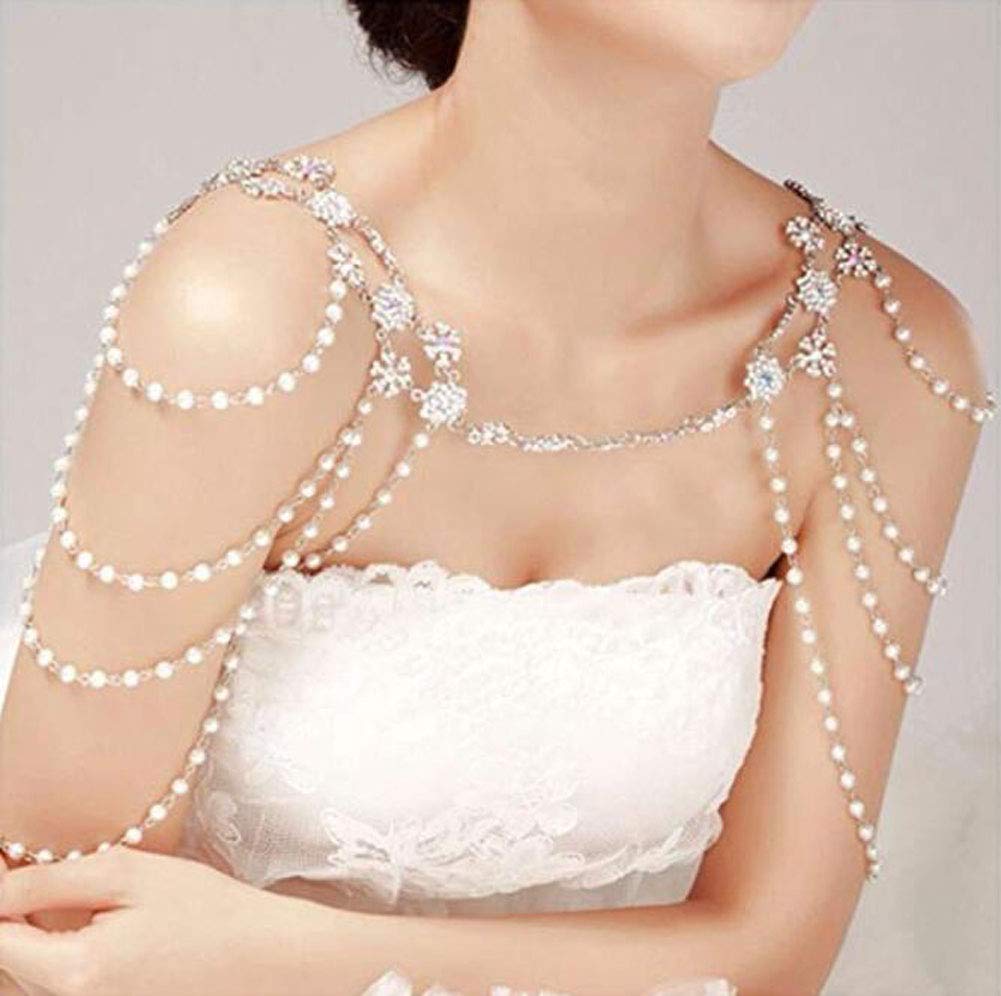Suoirblss Lady Tassel Shoulder Body Chain Wedding Bridal Imitation Pearl Rhinestone Shoulder Necklace - Wedding Body Statement Jewelry