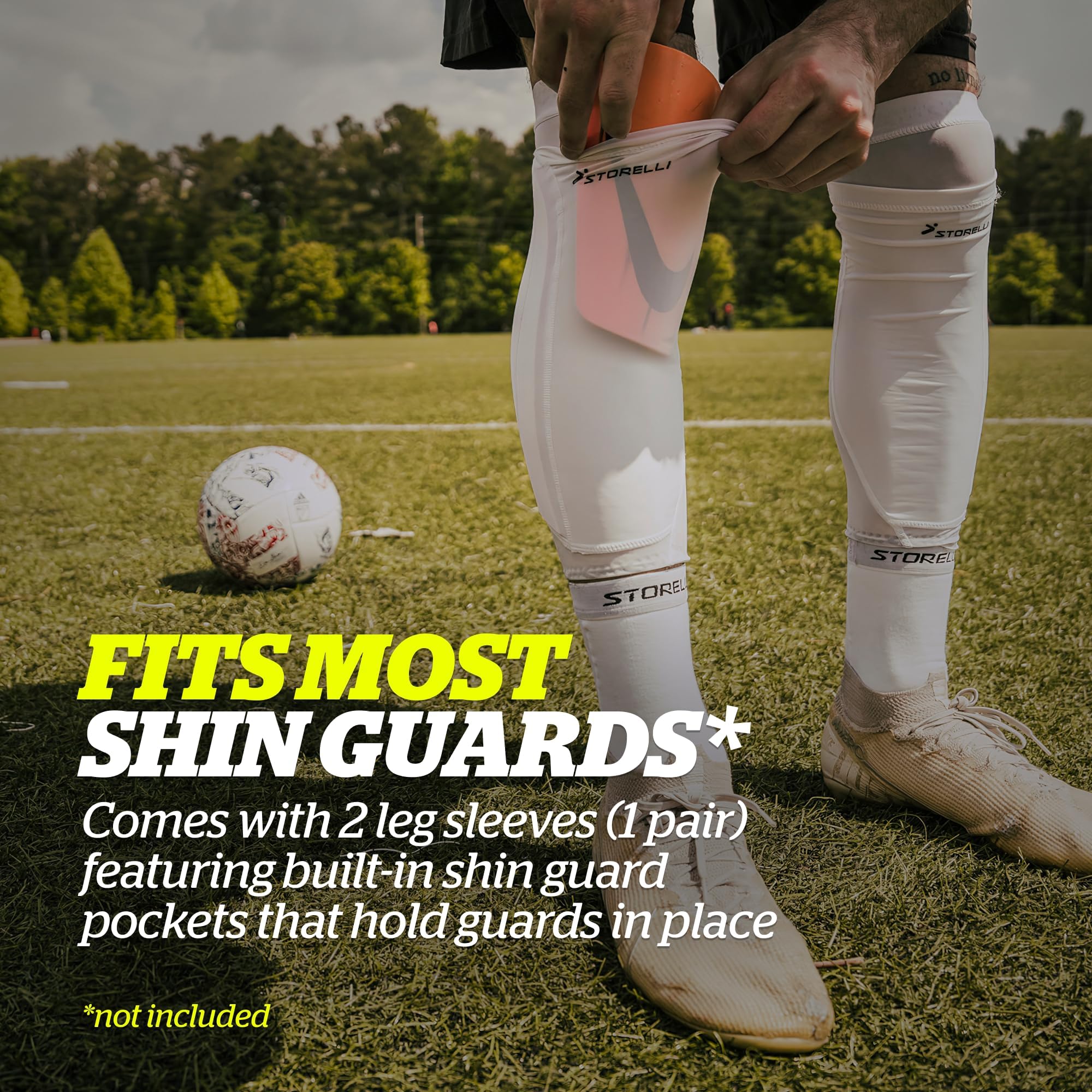 Storelli BodyShield Leg Sleeves, Compression Soccer Shin Guard Holders, Breathable, Sweat-Wicking, Impact Protection, Black, 1 Pair