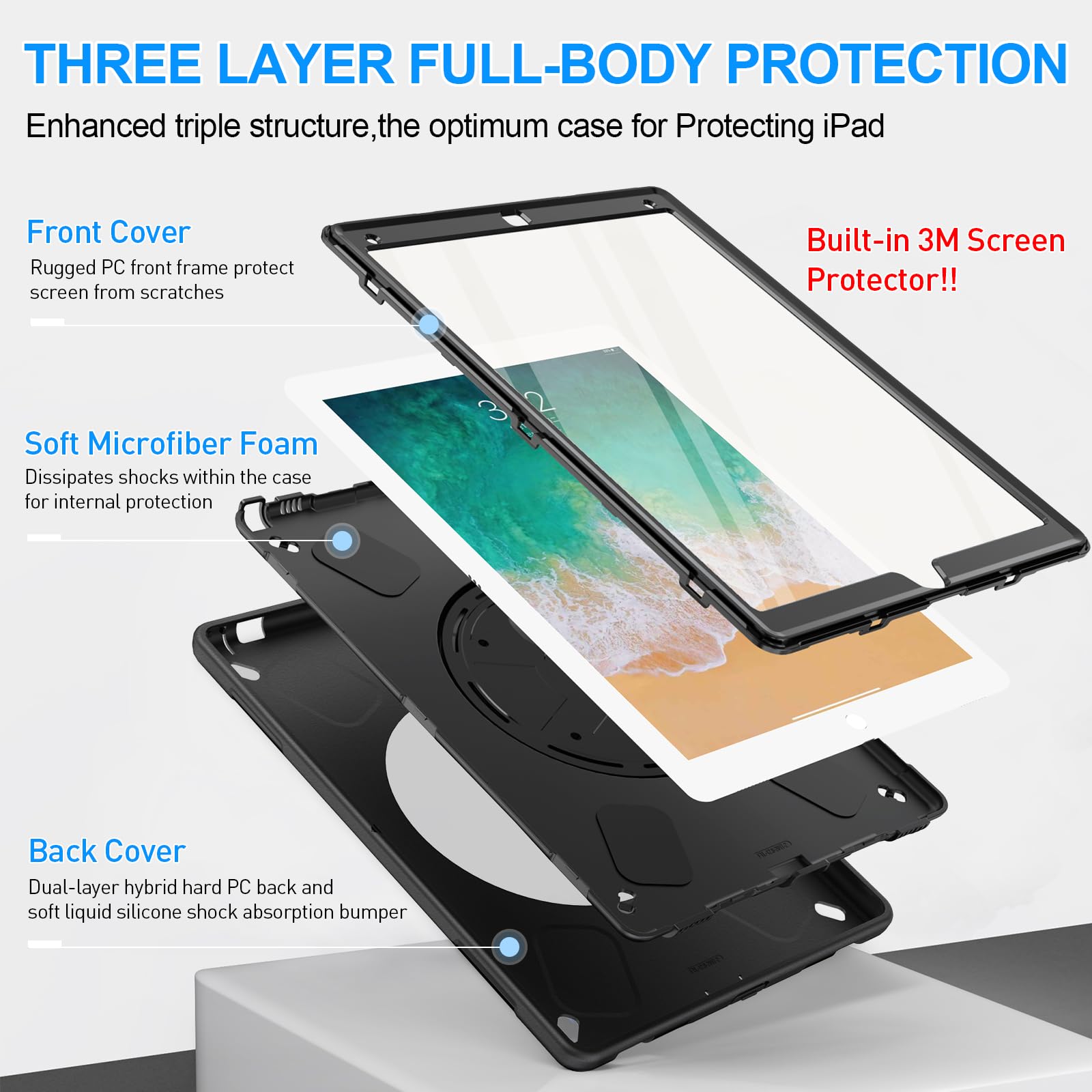 SUPFIVES Case iPad Pro 12.9 2015/2017: iPad 12.9 Inch 1st/ 2nd Generation Case Upgraded Military Grade Shockproof Silicone Protector with Pencil Holder+ Handle+ Shoulder Strap+ Rotating stand, Black