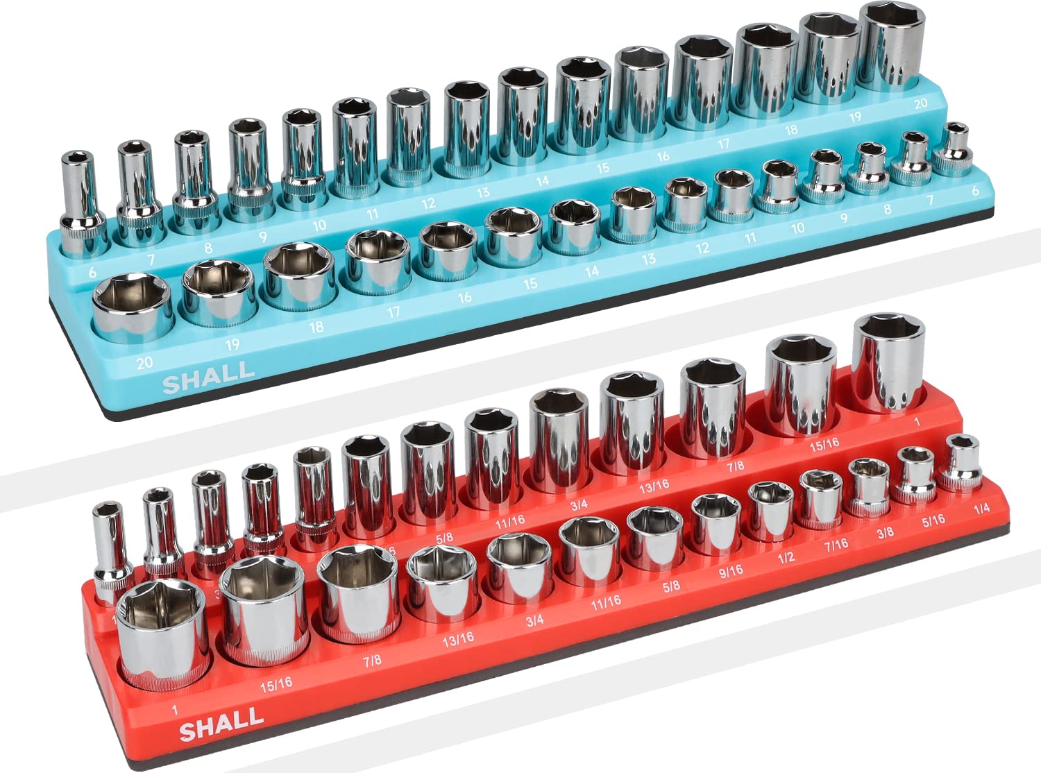 SHALL 3/8 Inch Magnetic Socket Organizer Set, 2-Piece SAE & Metric Socket Holders, Socket Tool Tray Storage Holds 56 Standard Sockets for Toolbox, Tool Carts, Drawers (Sockets Not Included)