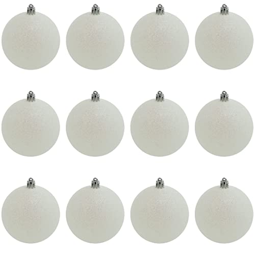 White Snowball Ornament (12 Pack) Large 3.15" Glitter Snow Ball Iridescent Christmas Ornaments Set for Christmas Tree Decoration, Shatterproof Plastic Set of 12, by 4E's Novelty