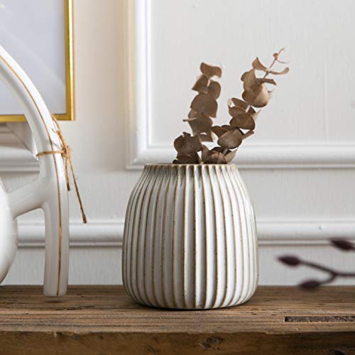 Vellarr Small White Ceramic Vase Set, Rattan Stripe Bud Vases Home Decor, Great for Decorative, Kitchen, Office or Living Room, (Set of 2 Vases)