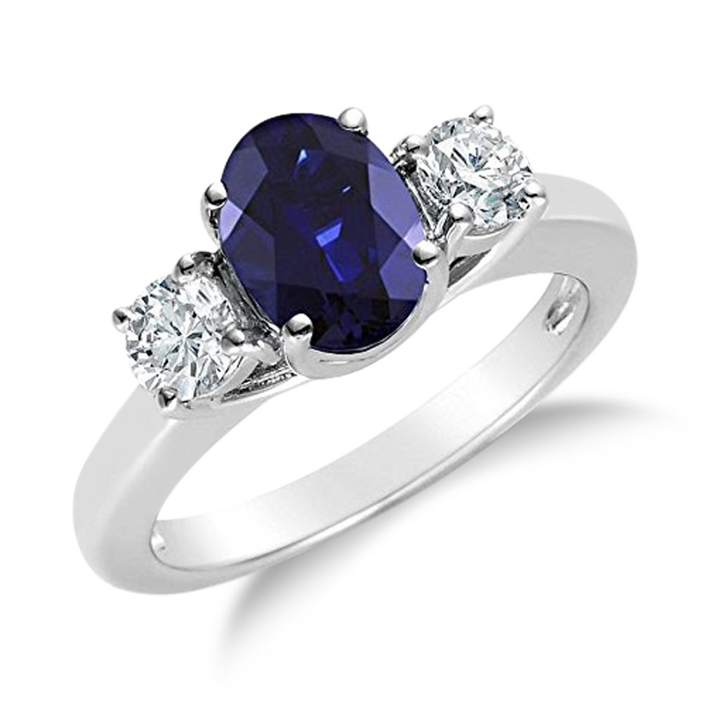 Voss+Agin Genuine Diamond (.15ctw) & Oval Sapphire (1.60ctw) 3 Stone Ring,Set in 14K White Gold (7)