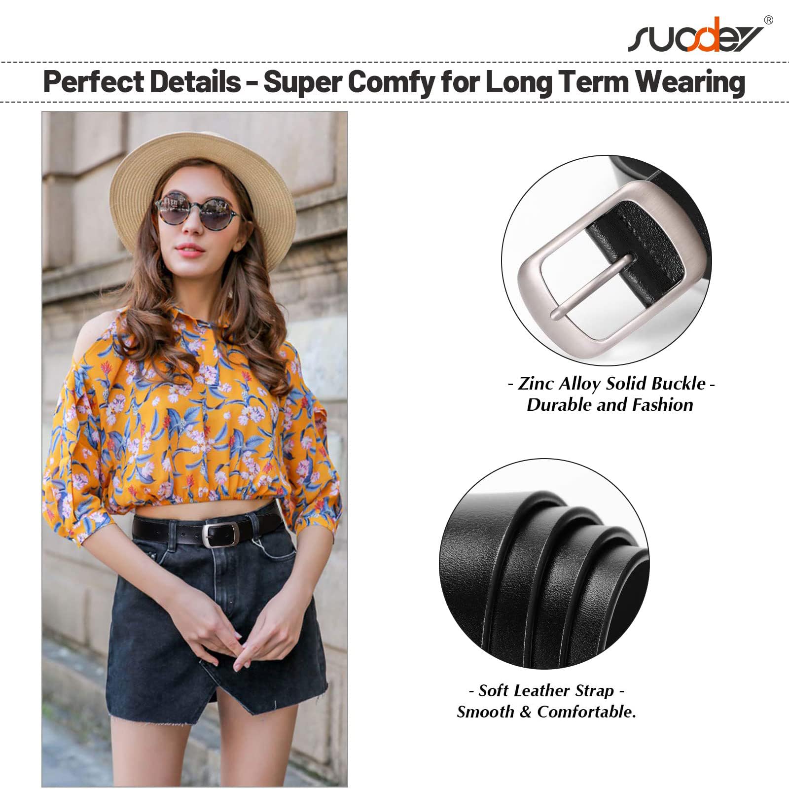 SUOSDEY Fashion Womens Soft Leather Belt, Waist Belt with Pin Buckle for Jeans Pants, black belt,width 1.3"