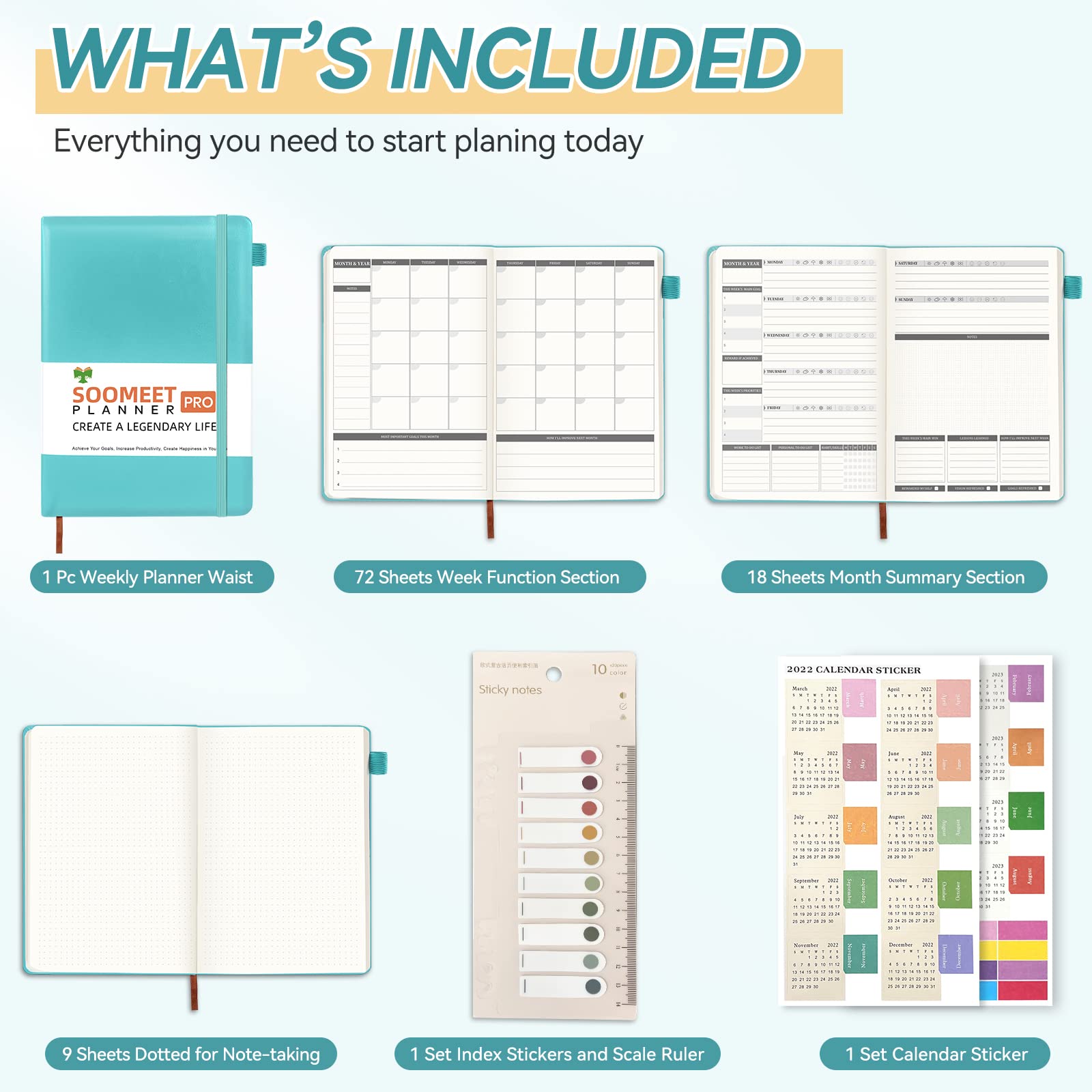Soomeet Planner, Undated Weekly Planner, Goal Planner, Calendar Stickers, Faux Leather Cover, Time Management Manual and Planner, A5 Hardcover with Ruler, 200 Pages, Lake Blue