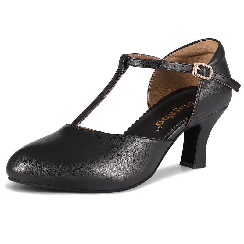 Women's Latin Ballroom Dancing Heels Wedding Pumps T-Strap Character Shoes, Black 8 M US