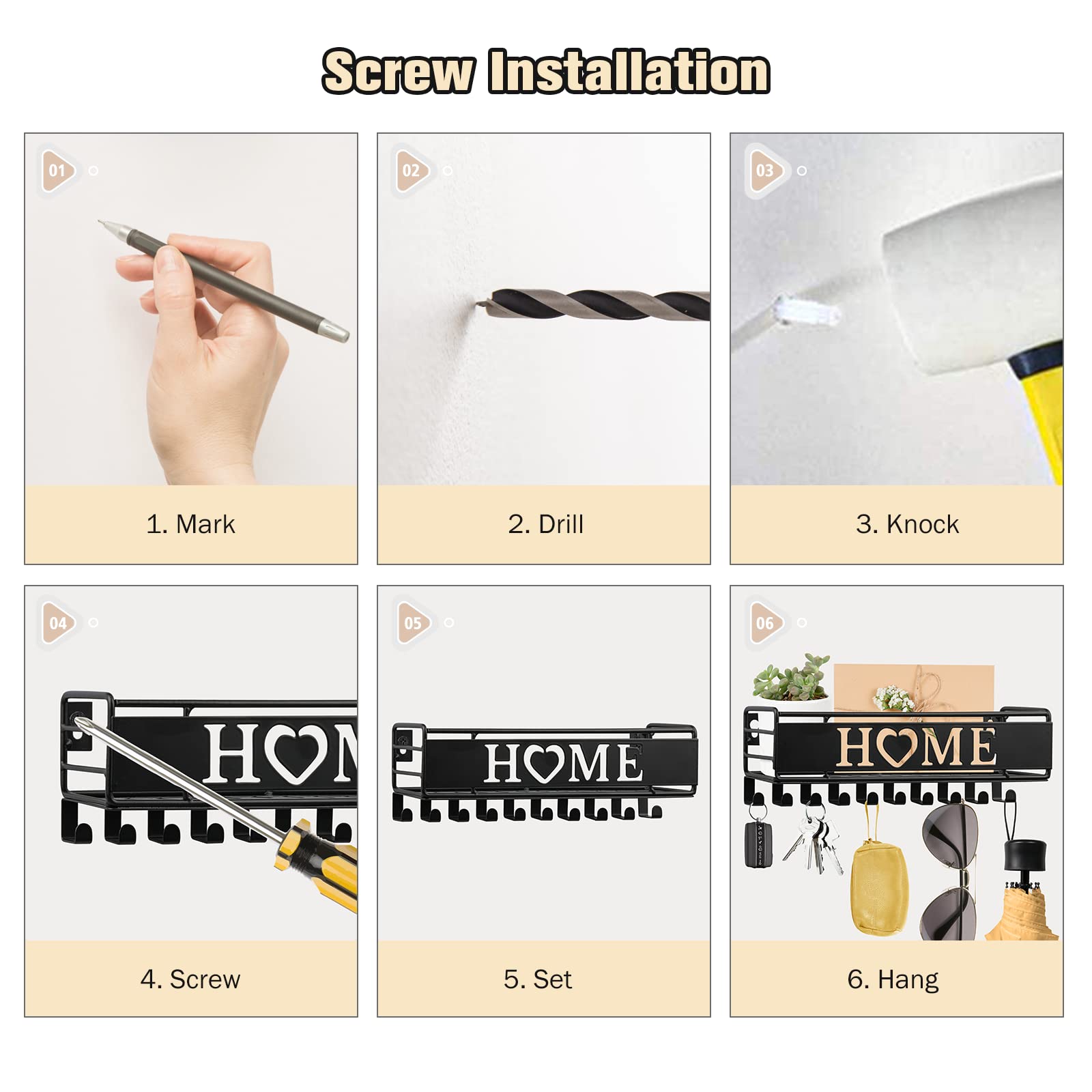 RELBRO Mail Key Holder for Wall, Black Metal Wall Basket Key Mail Organizer with 10 Hooks Wall Mounted Key Rack Storage Key Hanger for Entryway Hallway Garage Office