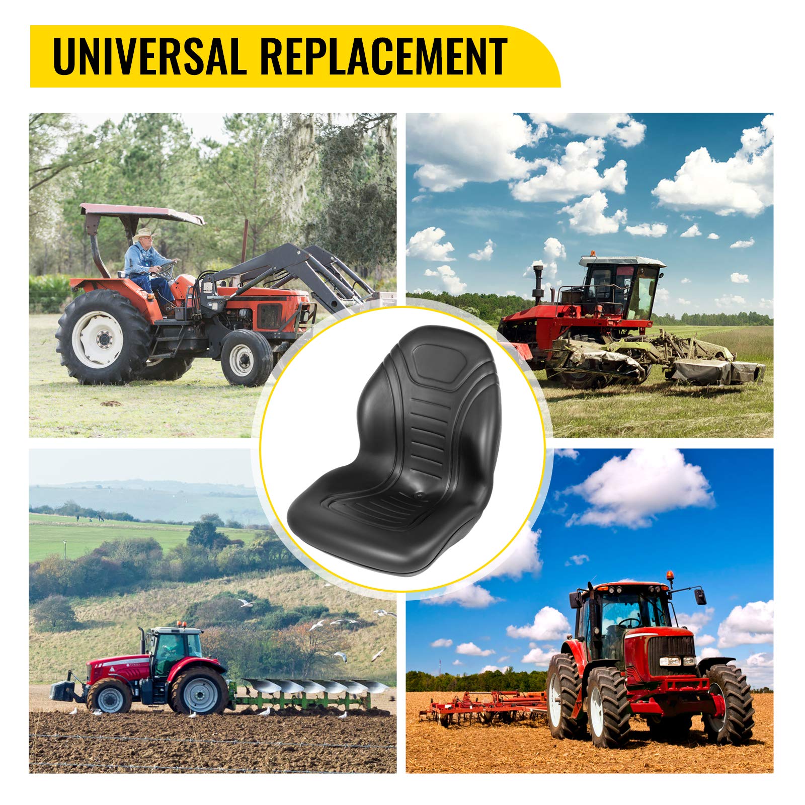 VEVOR Universal Tractor Seat Replacement, Compact High Back Mower Seat, Grey Vinyl Forklift Seat, Central Drain Hole Skid Steer Seat with Mounting Bolt Patterns of 8" x 11.5" & 11.25" x 11.5"