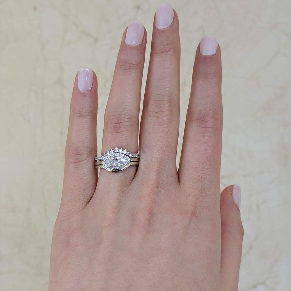 TwoBirch 18k White Gold Microplated East West Marquise Three Ring Bridal Set with Plain Contour Band and Tiara Prong Style Curved Ring (925 Silver, Size 7)