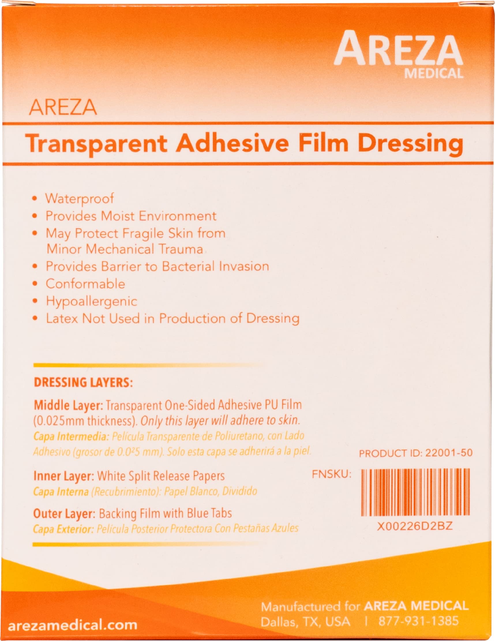 Transparent Adhesive Film Dressing 2" 3/8" X 4" 3/4" (6 cm X 7 cm) 50 Per Box (Waterproof) Upgraded Design; by Areza Medical