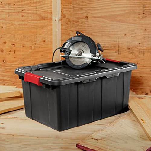 Sterilite 15 Gal Industrial Tote, Stackable Storage Bin with Latching Lid, Plastic Container with Heavy Duty Latches, Black Base and Lid, 12-Pack
