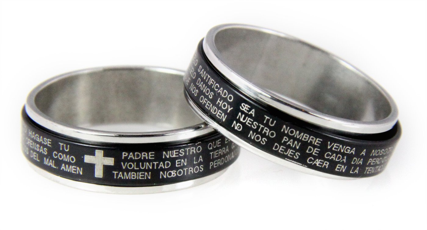 S32 Black Stainless Steel Spinner Ring Spanish Our Father Lord's Prayer Padre Nuestro Jesus Christ (12)