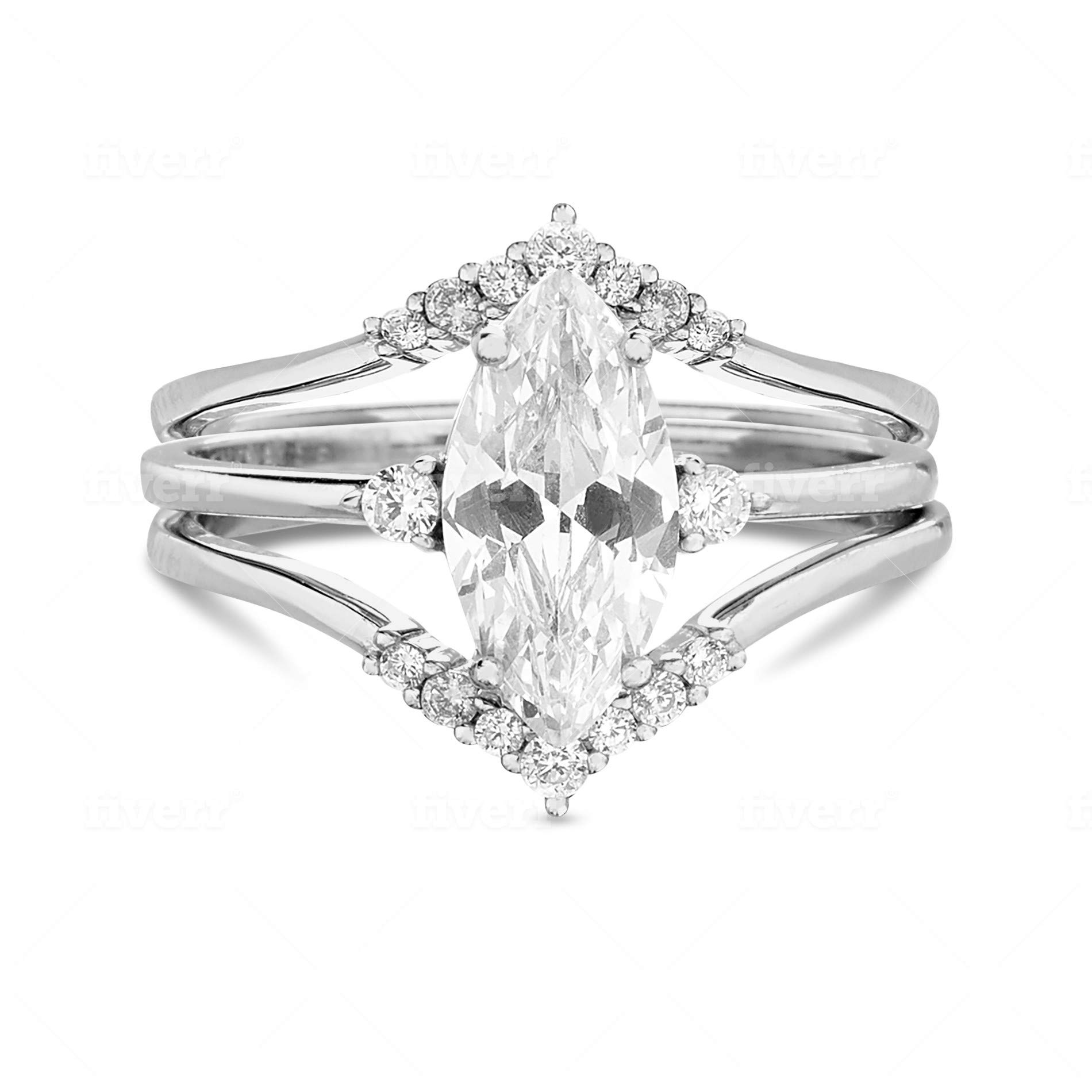 TwoBirch 925 Silver Marquise Three Ring Bridal Set with Three Stone Marquise Engagement Ring and Two Matching Chevron Contour Bands (925 Silver, Size 8)