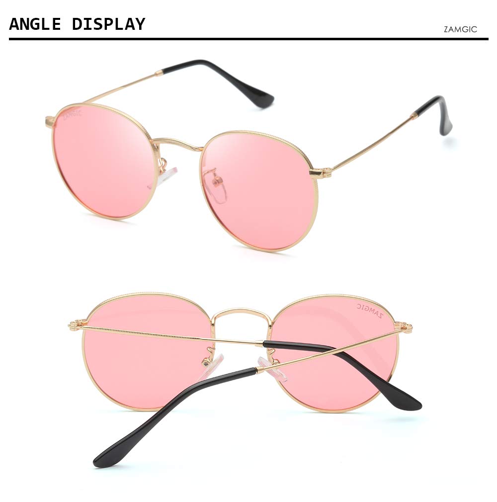 ZAMGIC Small Vintage Round Sunglasses Classic Retro Polarized Lens for Men Women Golden Frame Pink Lens