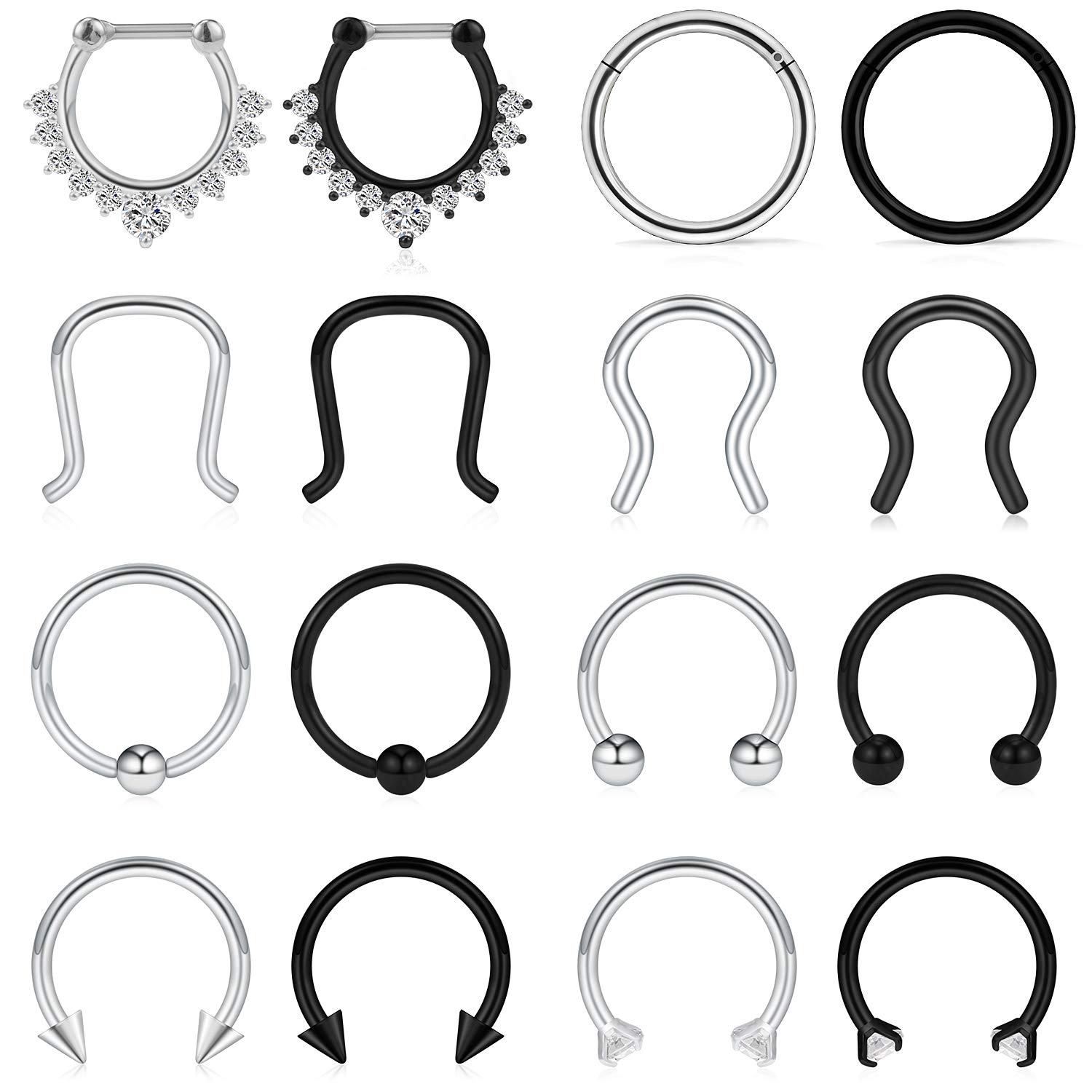 Ruifan 16PCS 16G Stainless Steel Septum Clicker Ring Piercing Nose Rings Hoop Tragus Cartilage Retainer Body Piercing Jewelry Clear CZ Silver And Black