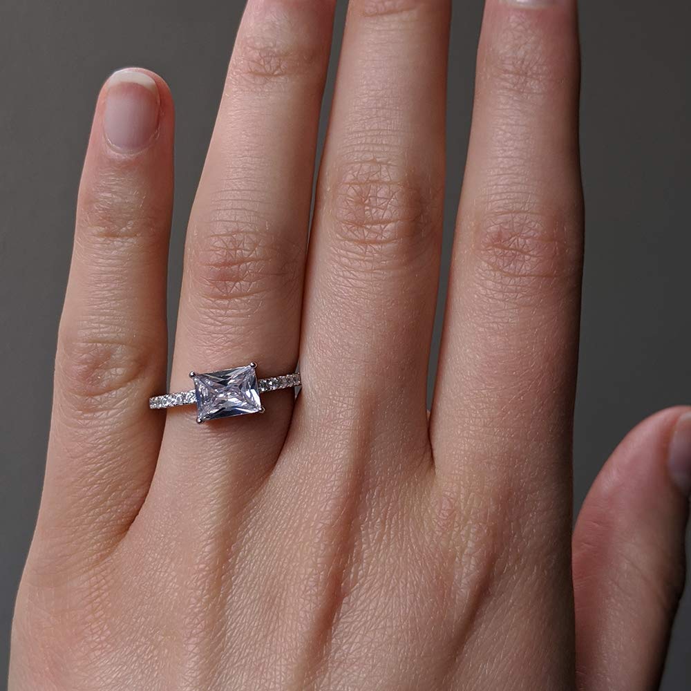 TwoBirch East West Baguette Cut Prong Set Engagement Ring in 18k White Gold Plated Sterling Silver and Cubic Zirconia (Size 8)