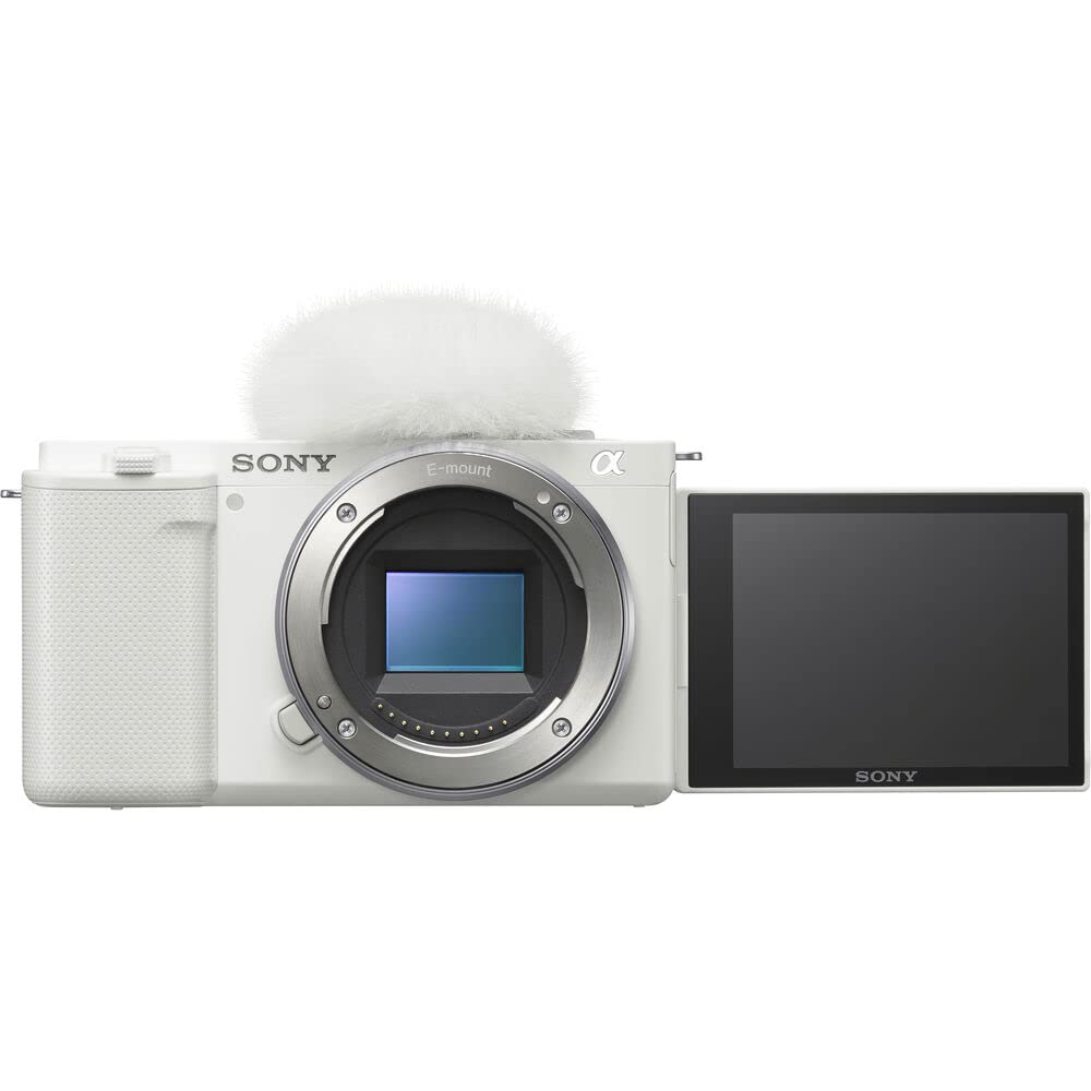Sony ZV-E10 Mirrorless Camera (Body, White) (ILCZV-E10/W) + 64GB Memory Card + Bag + Card Reader + HDMI Cable + Flex Tripod + Hand Strap + Memory Wallet + Cleaning Set (Renewed)