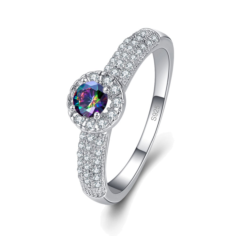 Veunora 925 Sterling Silver Created 4x4mm Rainbow Topaz Filled Bling Halo Engagement Wedding Ring for Women Size 8