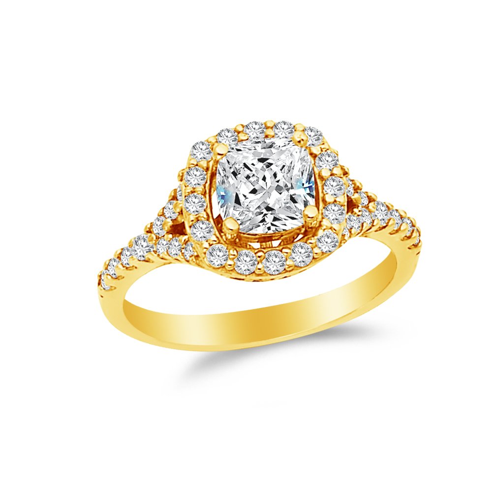 Size - 6 - Solid 14k Yellow Gold Round Cut Halo Wedding Engagement Ring with Side Stones, CZ Cubic Zirconia (1.5 ct.)
