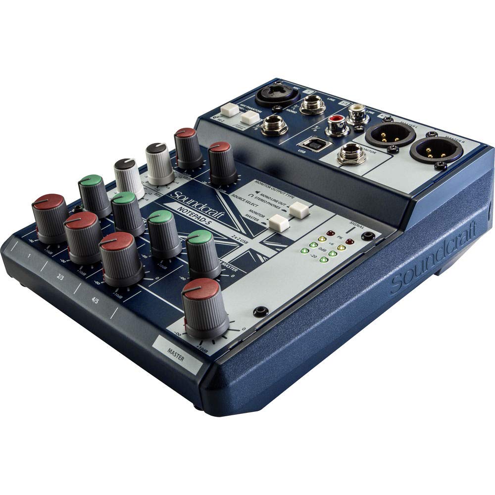 Soundcraft Notepad-5 Small-Format Analog Mixing Console with Polsen HPC-A30 Monitor Headphones, Fastener Straps (10-Pack) & XLR Cable Bundle