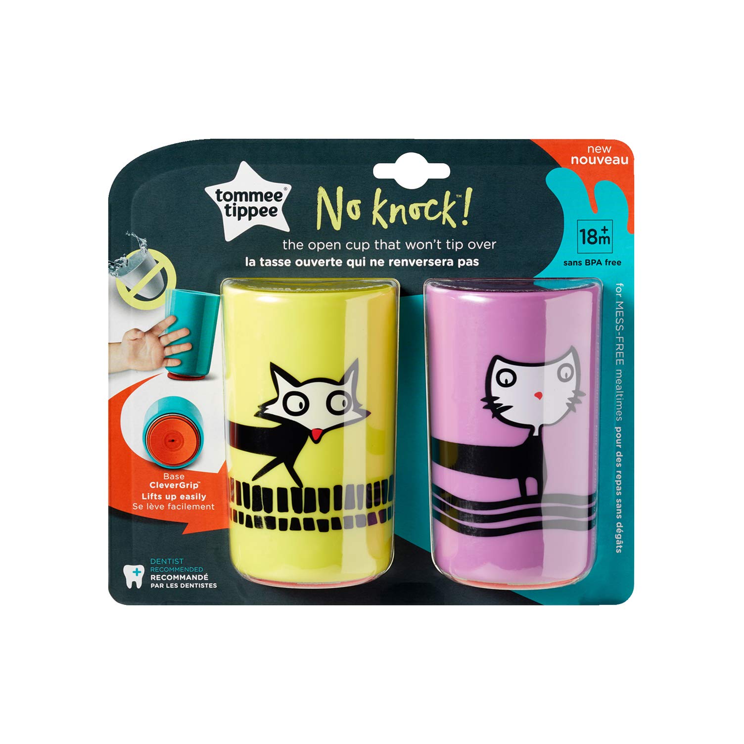 Tommee Tippee No Knock Transition Toddler Cup with Clevergrip Base, Cat & Fox, 18+ Months