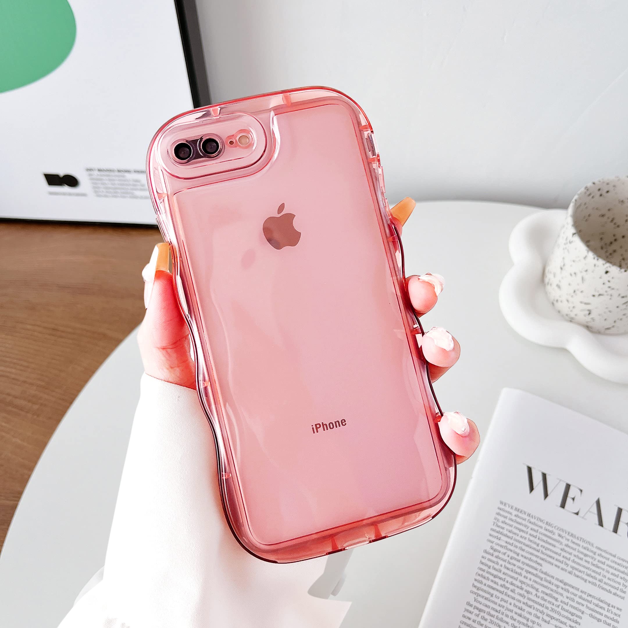 Qokey for iPhone 8 Plus Case,iPhone 7 Plus Case 5.5 inch Cute Clear Love Case Frame Wavy Edge Transparent Full Protective Soft TPU Shockproof Phone Cases Cover for Women Girls,Pink