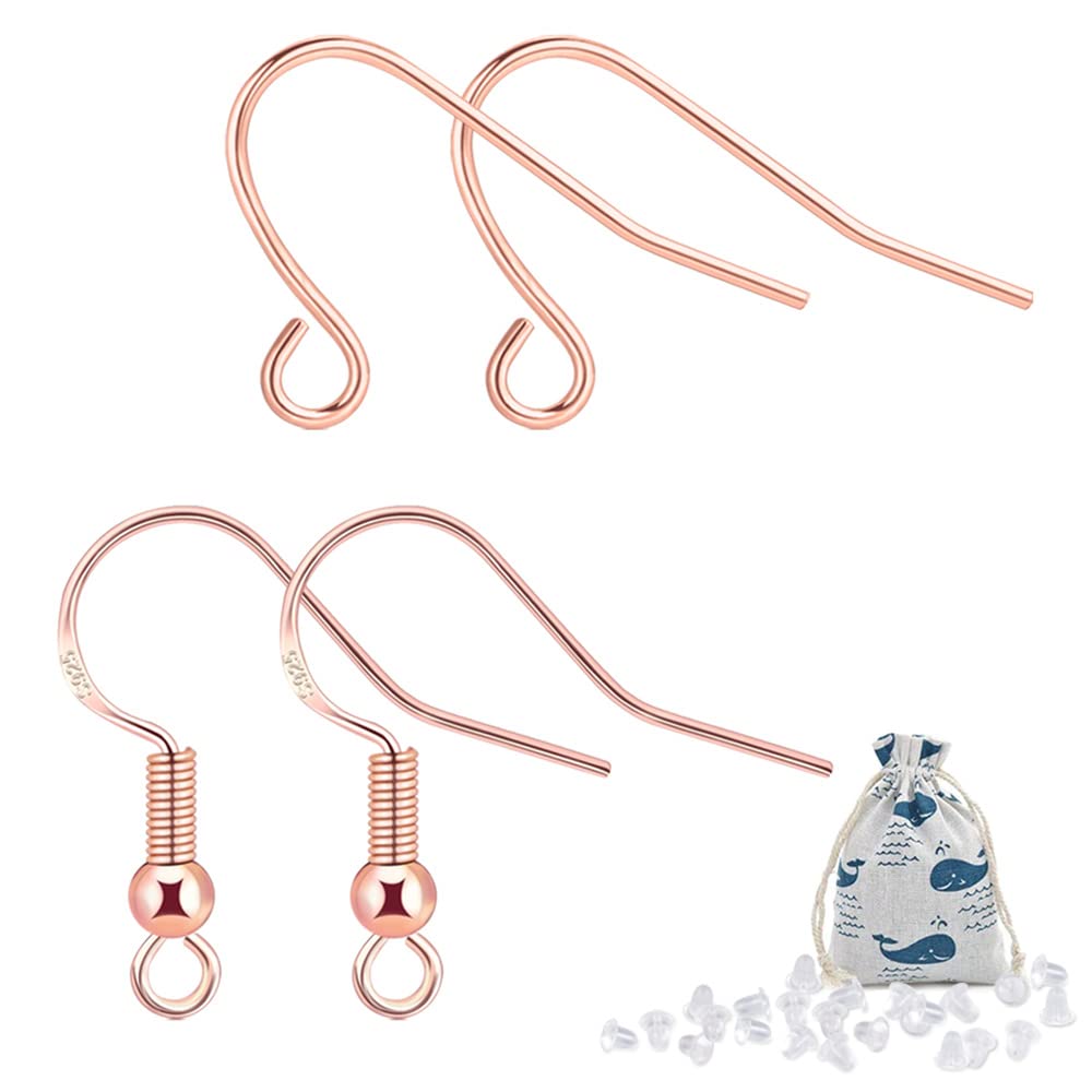 Rose Gold 925 Sterling Silver Earring Hooks Hypoallergenic 100Pcs Ear Wires Fish Hooks for Jewelry Making Supplies Findings with 100Pcs Clear Rubber Earring Backs