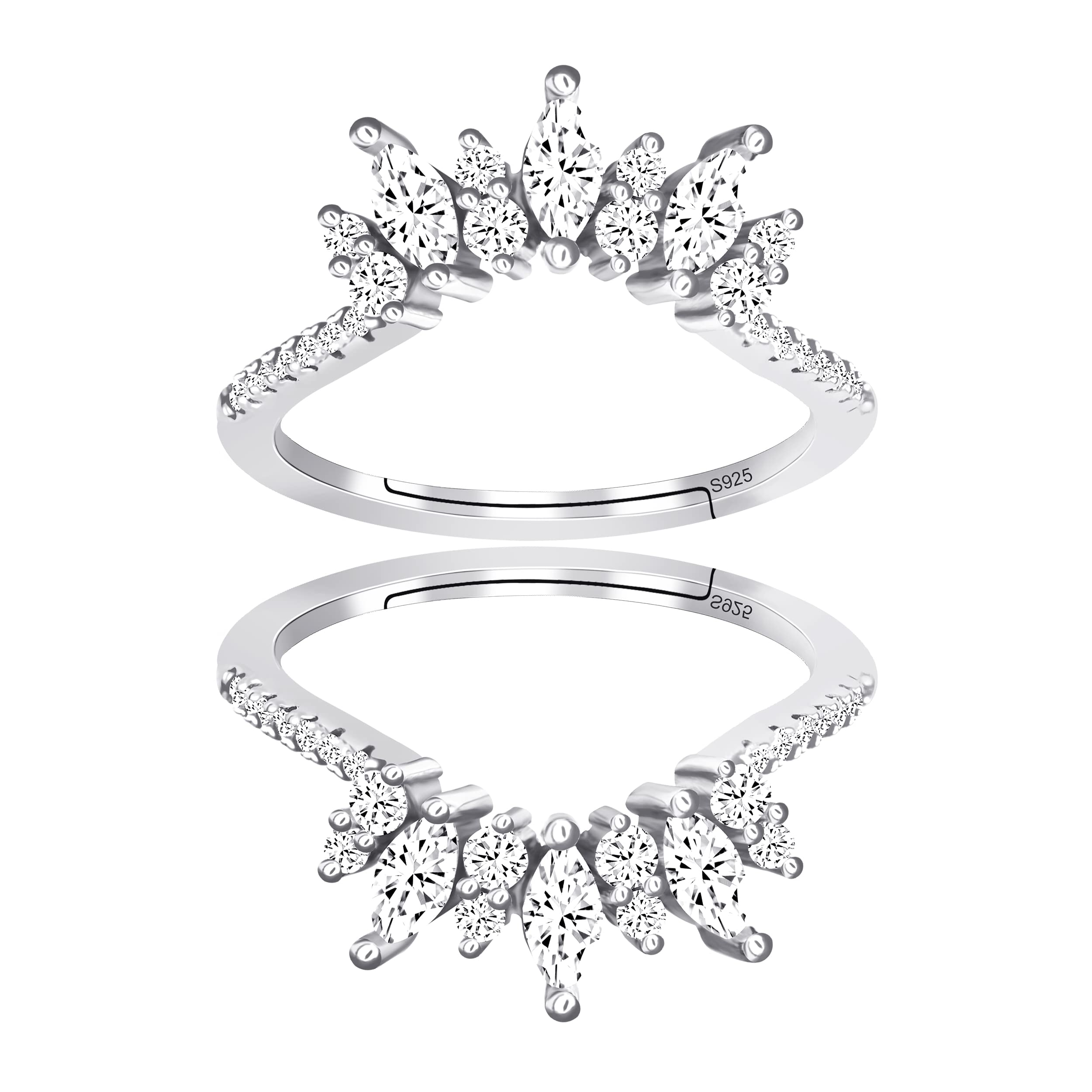 Women's Marquise-Shape CZ Engagement Band Guard Enhancers Silver Stacking Wedding Ring Set Platinum Plated (size 6)