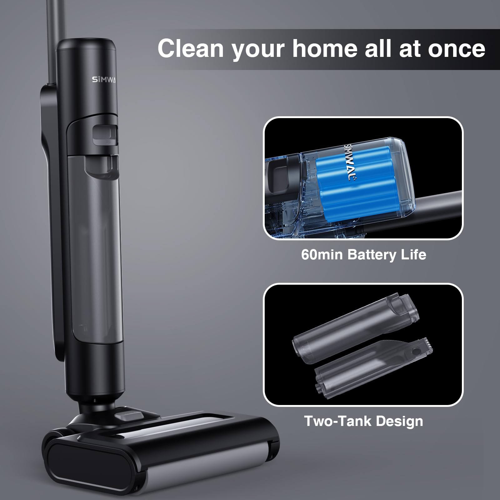 SIMWAL SW02 Cordless Wet Dry Vacuum Cleaner, Vacuum and Mop combo for Sticky Messes and Kitchen Waste, Vacuum Mop All in One with LCD Display, Running Up to 60 minutes for Multi-Surface