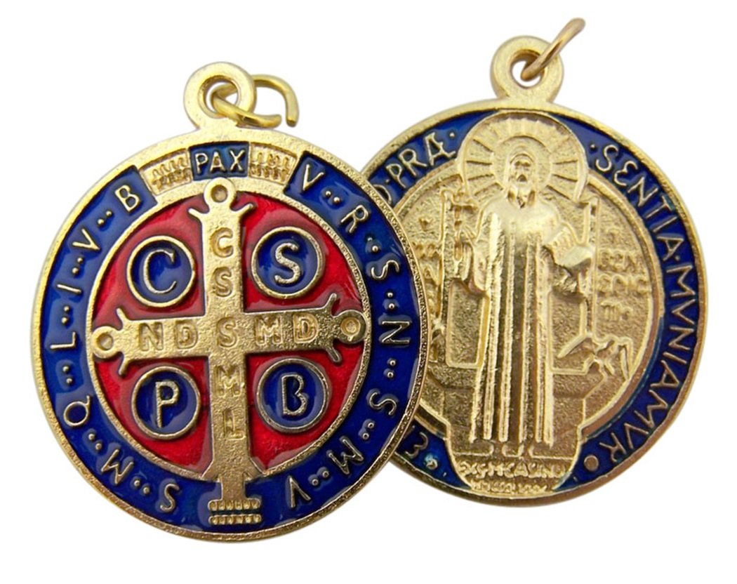 Religious Gifts Gold Tone Red and Blue Enamel Saint Benedict Medal Pendant, 1 1/4 Inch