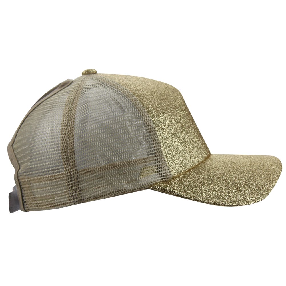 Womens Summer Glitter Messy Bun Mesh High Ponytail Baseball Tennis Sun Hat Cap Gold