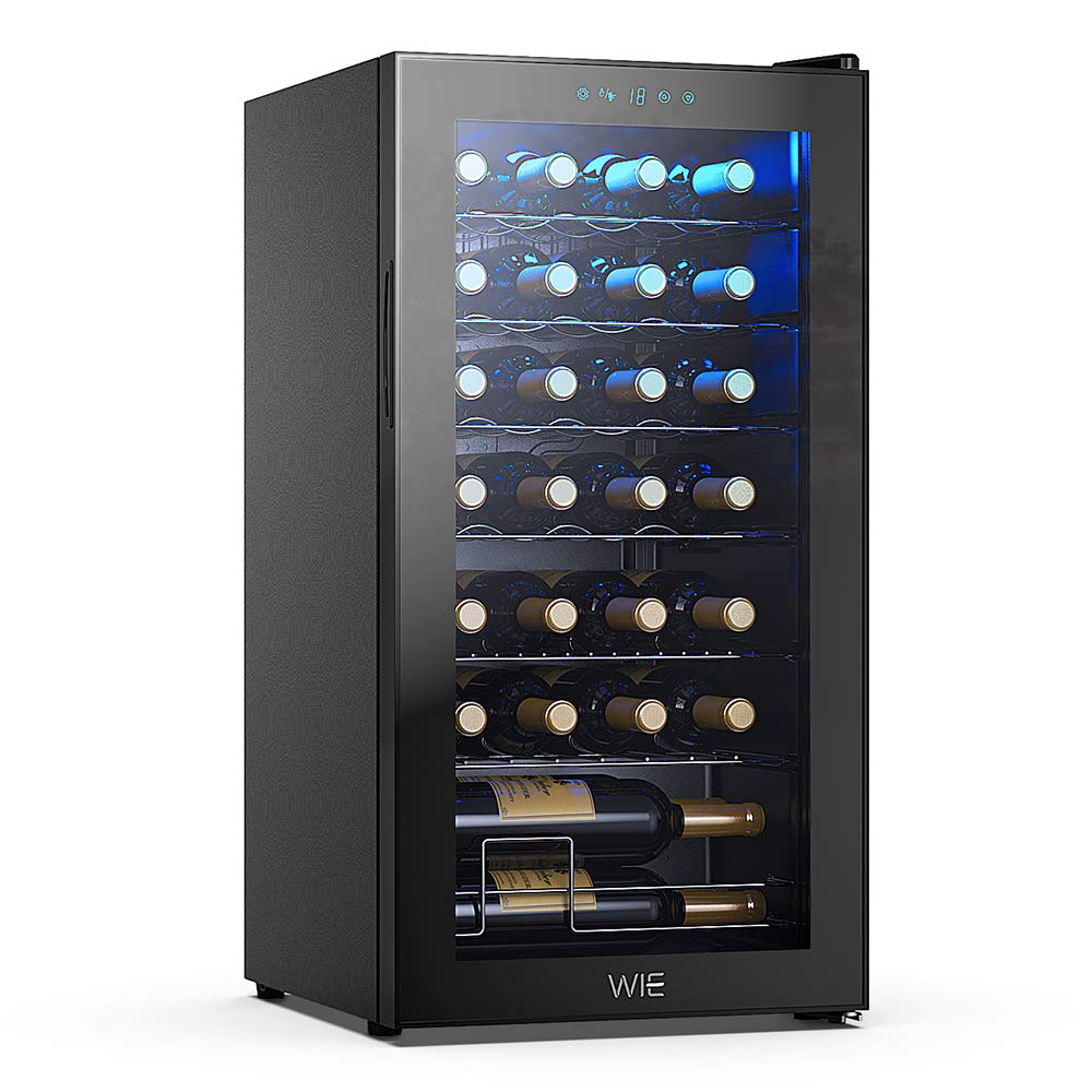 WIE 28 Bottle Wine Cooler Refrigerator Compressor Wine Fridge Freestanding Quiet Operation 41°F-64°F Cooling Wine Cellar Digital Touch Display UV-Protective Finish Auto-Defrost Double-layer Glass Door