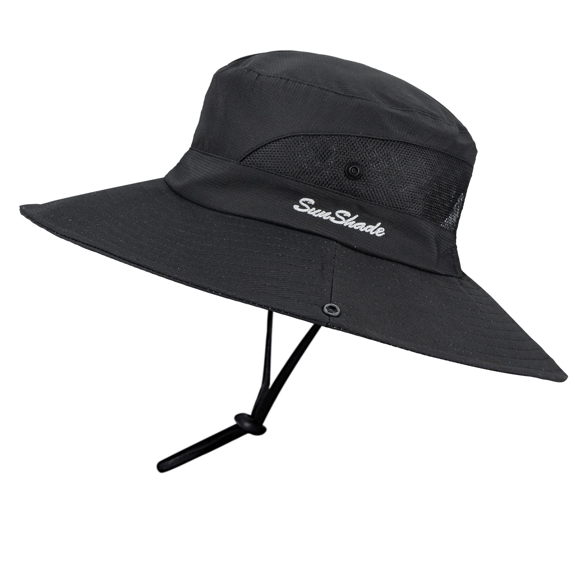 Women's Outdoor UV-Protection-Foldable Sun-Hats Mesh Wide-Brim Beach Fishing Hat with Ponytail-Hole (Black)