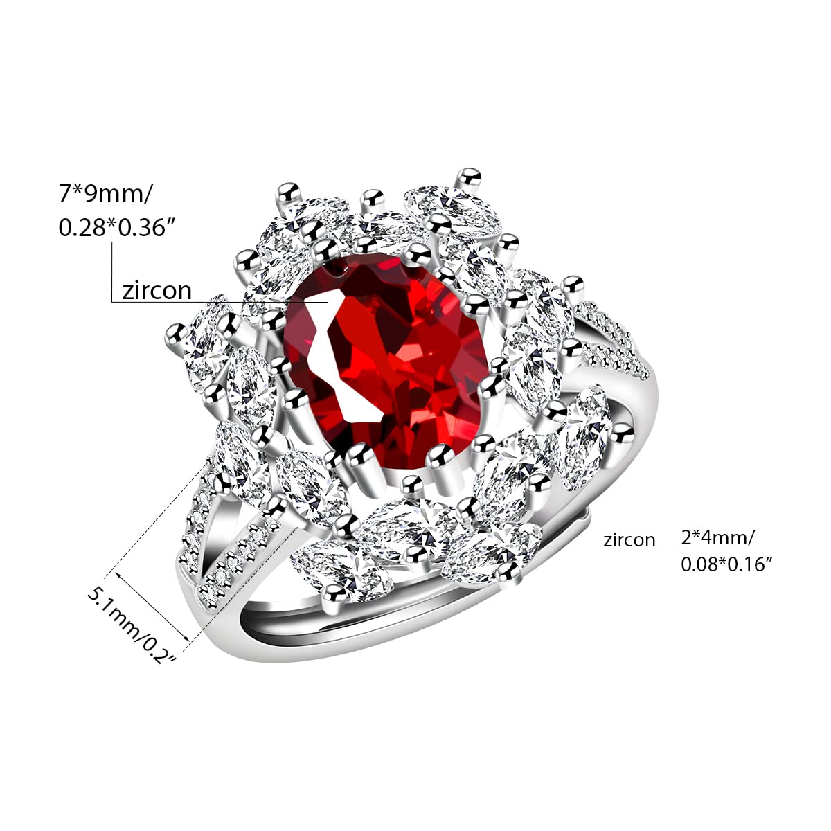 Uloveido Platinum Plated Oval Cut Created Red Ruby Wedding Ring for Women, Cubic Zirconia Engagement Jewelry, Adjustable Y1826