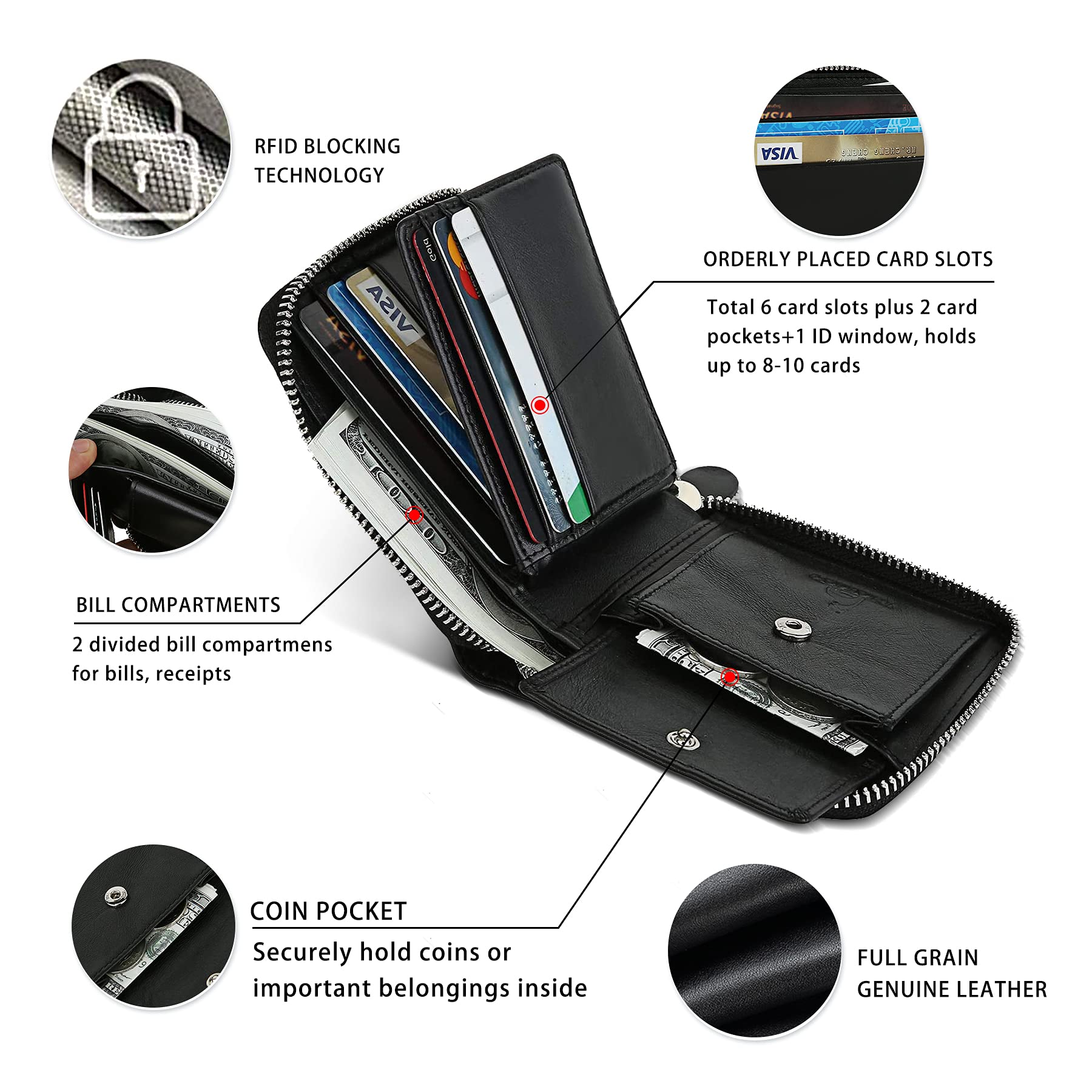 Slim Zipper Wallets For Men RFID Leather Mens Bifold Creidt Card Holder Zip Around Wallet With Coin Pocket
