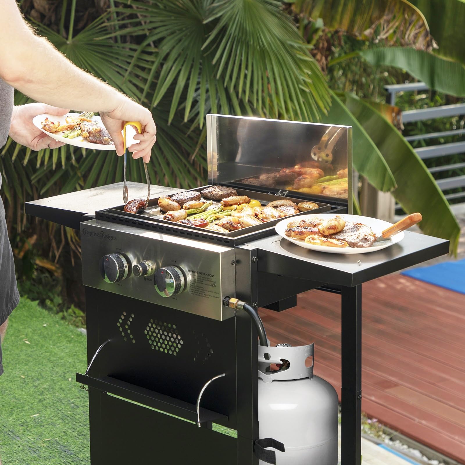 Sophia & William Flat Top Gas Griddle Grill with lid 3-Burner 33,000 BTU Propane BBQ Grill Outdoor Cooking Station, Can be Converted into Table Top Griddle for Camping