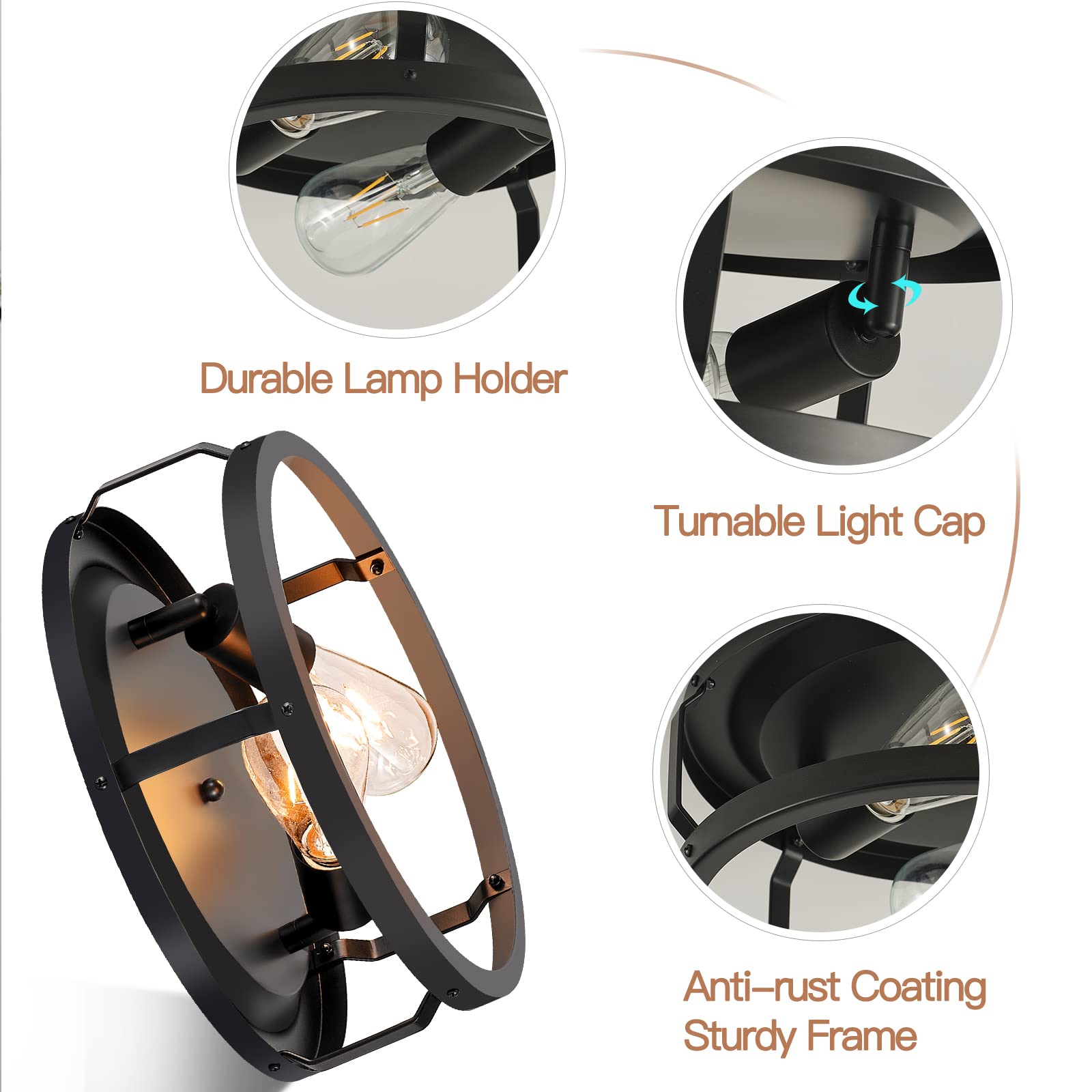 SviDau 2 Pack Light Fixtures Ceiling Mount, 13 Inch Matte Black Industrial Flush Mount Ceiling Light for Farmhouse, Light Fixtures Ceiling for Kitchen, Bedroom, Hallway (E26 Base)