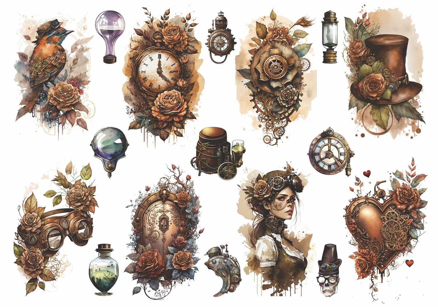 Steampunk Rice Paper, 11.5 x 16 inch - 17 Unique Steampunk Images Printed on 36gsm Mulberry Paper Visible Fibres for Decoupage Furniture Renovation Crafts.