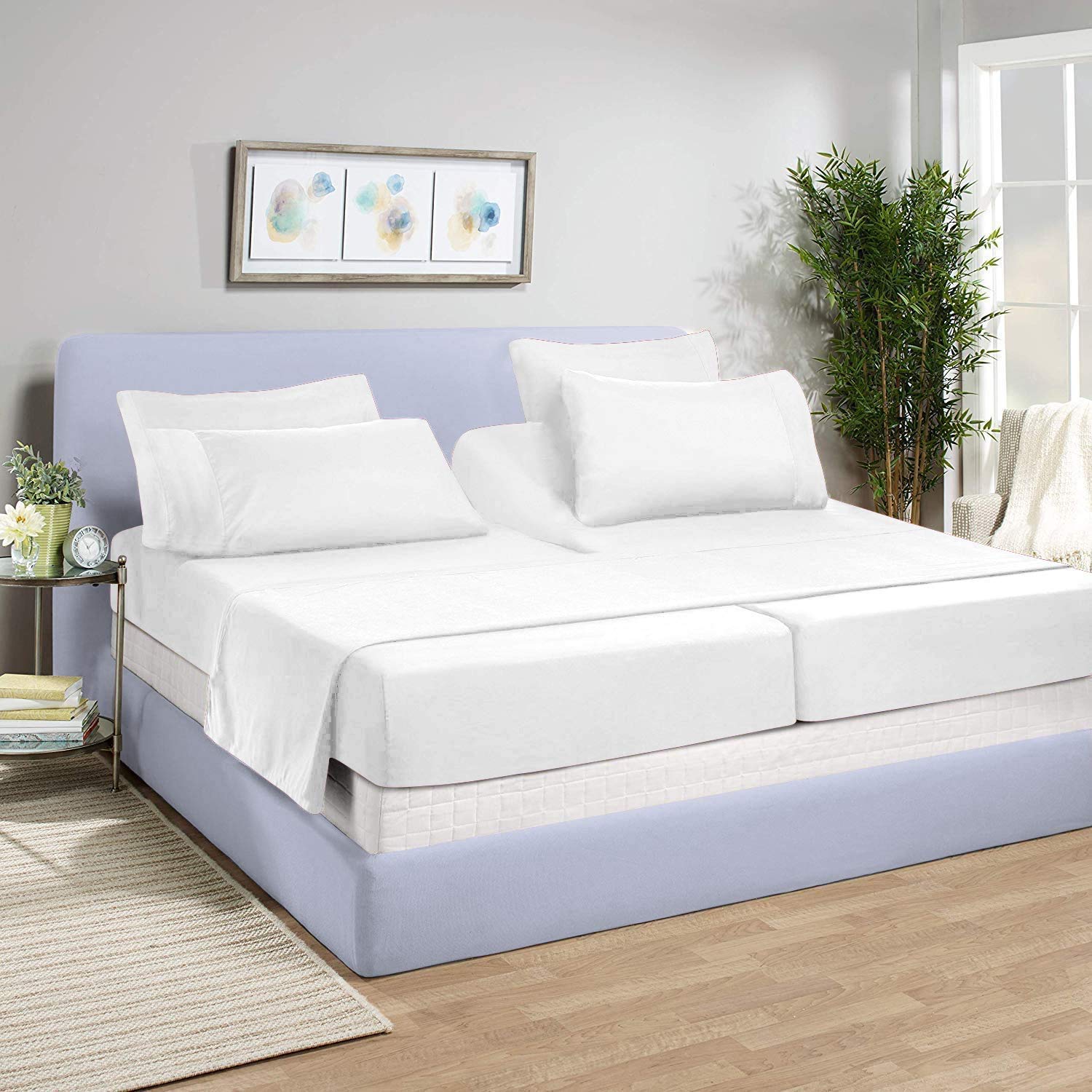 Split California King Sheet Set for Adjustable Beds - White Solid, 800 Thread Count 100% Egyptian Cotton, Sateen Weave Comfortable - 5 Piece Set, 15" Deep Pocket with All Around Elastic