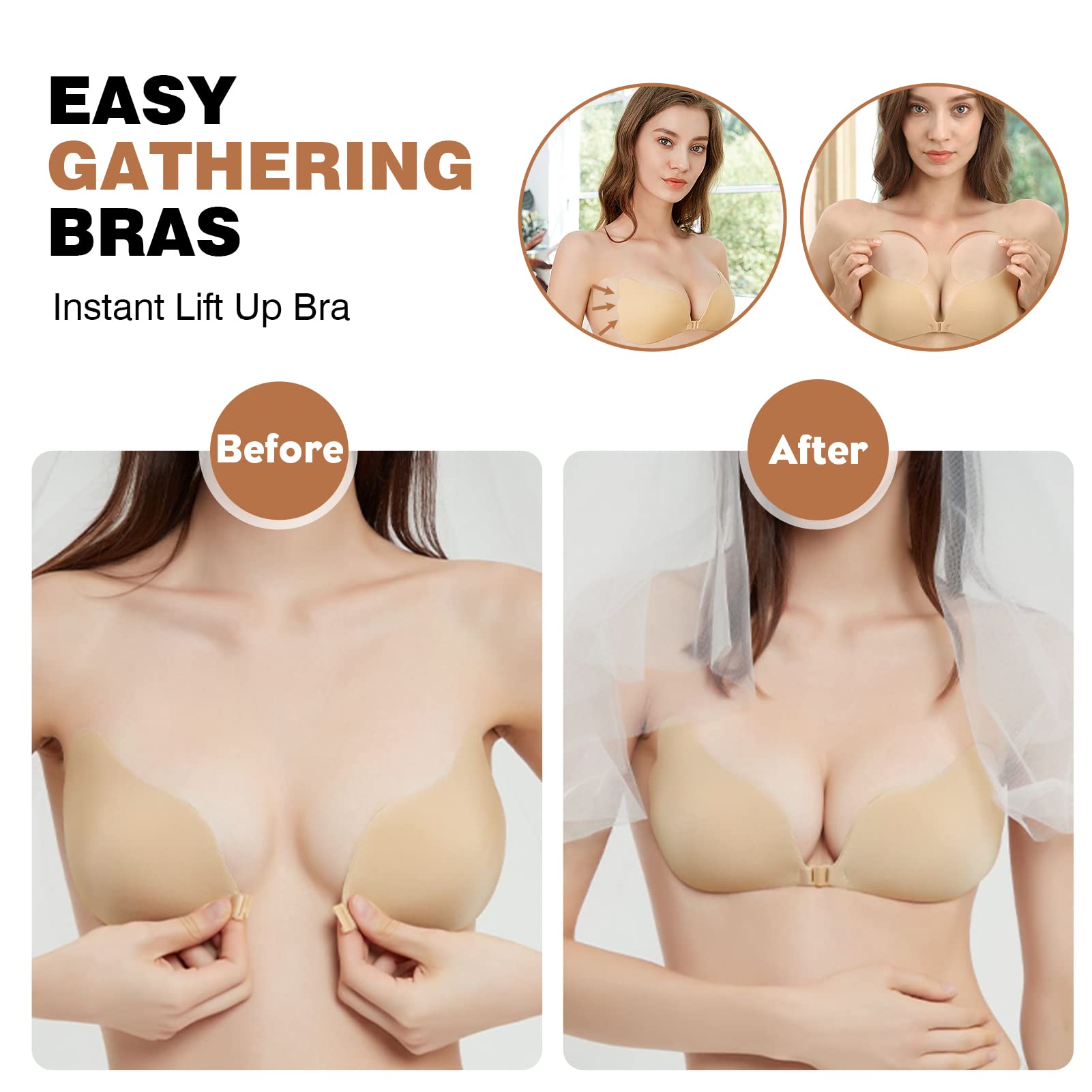 Sticky Bra Strapless Bras for Women Adhesive Invisible Backless Push up Gathering Lift up Cups Dresses with Nipple Cover