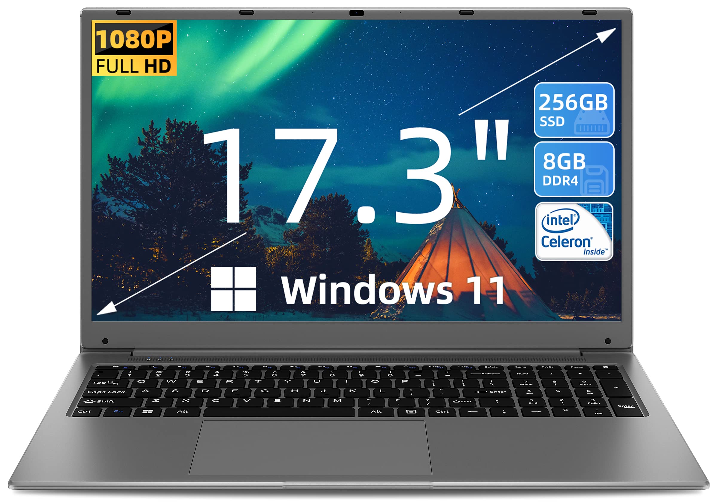 SGIN 17" Laptop, 8GB RAM 256GB SSD Notebook, 17 Inch Laptops with IPS Full HD, Intel Celeron N4020(Up to 2.8GHz), Mini HDMI, Webcam, Dual Wi-Fi, Expandable Storage 512GB TF(Gray)