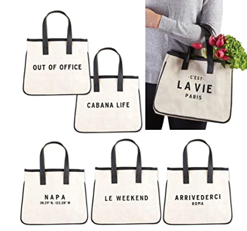 Santa Barbara Design Studio Tote Bag Hold Everything Collection Black and White 100% Cotton Canvas with Genuine Leather Handles, Mini, Le Weekend