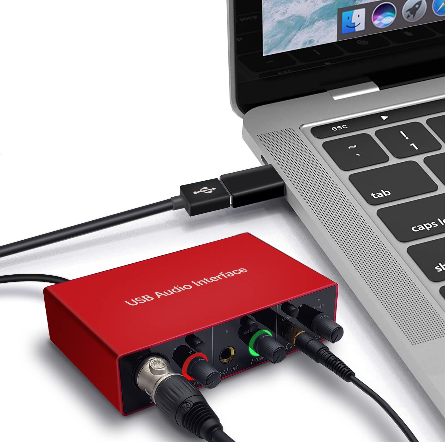 USB Audio Interface (Resolution 24Bit/DAC48 kHz/ADC96 kHz) 48V Phantom Power for Recording Podcasting and Streaming Compatible with MacOSX and Windows… (Red Audio Interface)