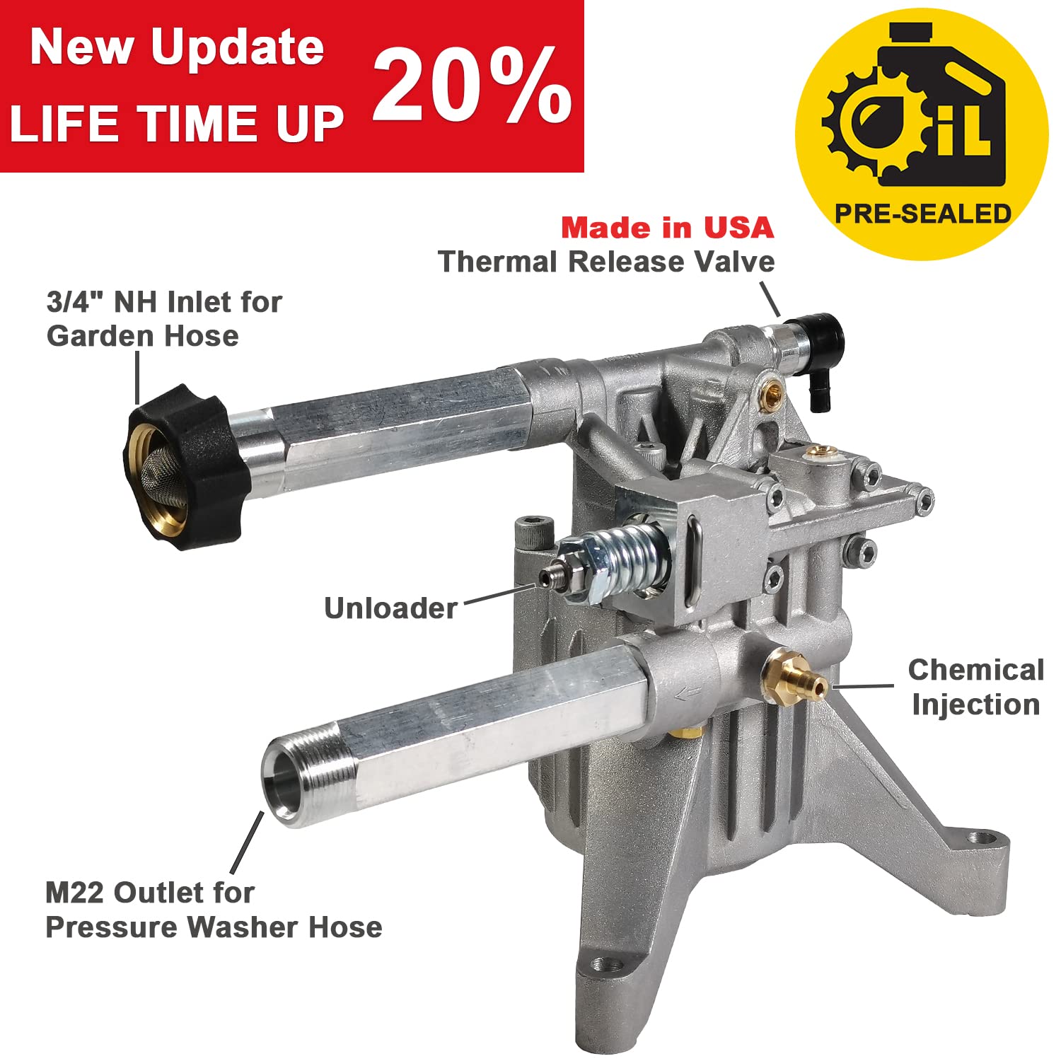 YAMATIC 7/8" Shaft Vertical Pressure Washer Pump, 2600-3000 PSI @2.3 GPM OEM & Replacement Pump for Power Washer, Replacement with Troybilt, Briggs&Stratton, Craftsman, AR, Honda Front Inlet/Outlet