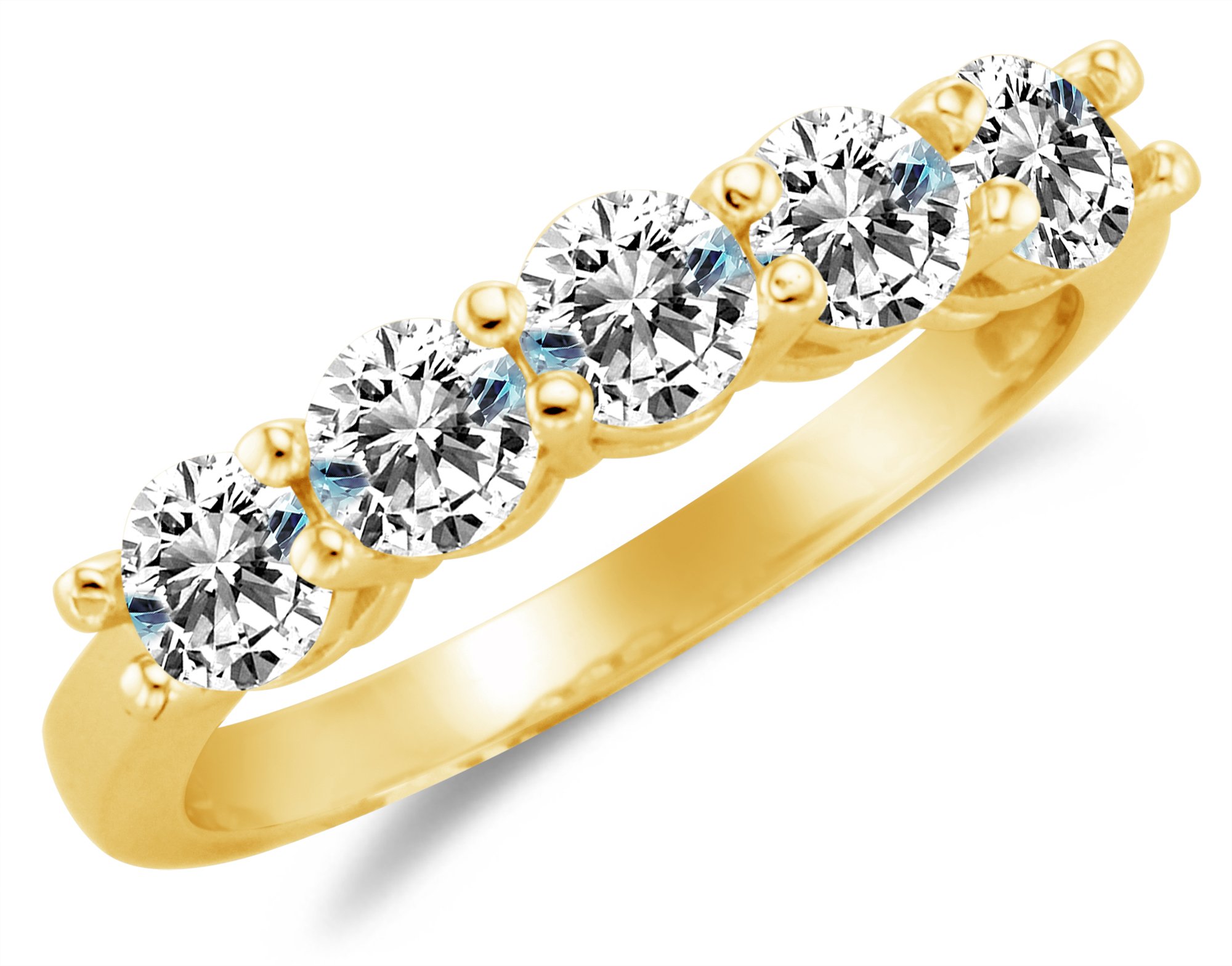 Size 9-2.5mm Solid 14K Yellow Gold Round Cut CZ Cubic Zirconia Five 5 Stone Womens Ladies Classic Traditional Wedding Band Ring (2.0 cttw.)