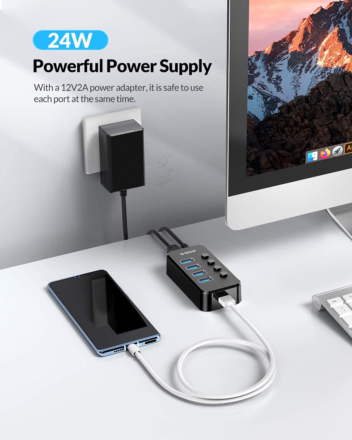 USB Hub 3.0, ORICO 4 Ports USB Data Hub + 1 USB Smart Charging Port, 39.37 Inch USB Extension Cable, 12V/2A Power Adapter and Individual On/Off Switches for PC, HDD, PS4 and More