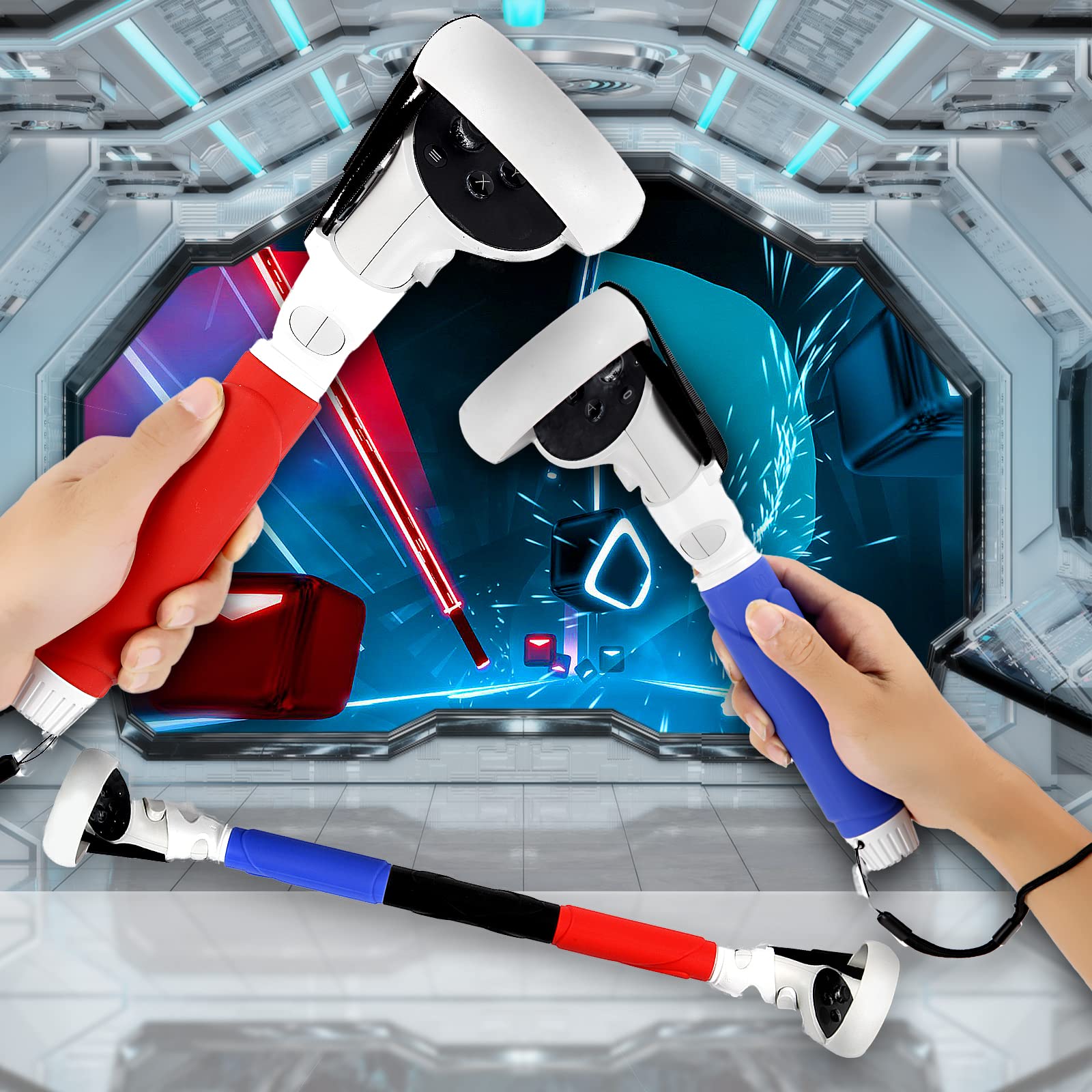 VR Games Handle Accessories for Oculus Quest 2,2 in 1 Multipurpose VR Dual/Long Stick Extension Grips for VR Controller Playing Lightsaber Game and VR Game