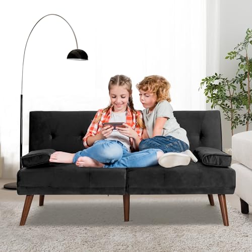 Shintenchi 60" Small Loveseat, 3 in 1 Cute Convertible Sofa Bed, Modern Futon Recliner Sleeper w/2 Cup Holder, Upholstered Folding Couch for Small Space, Black