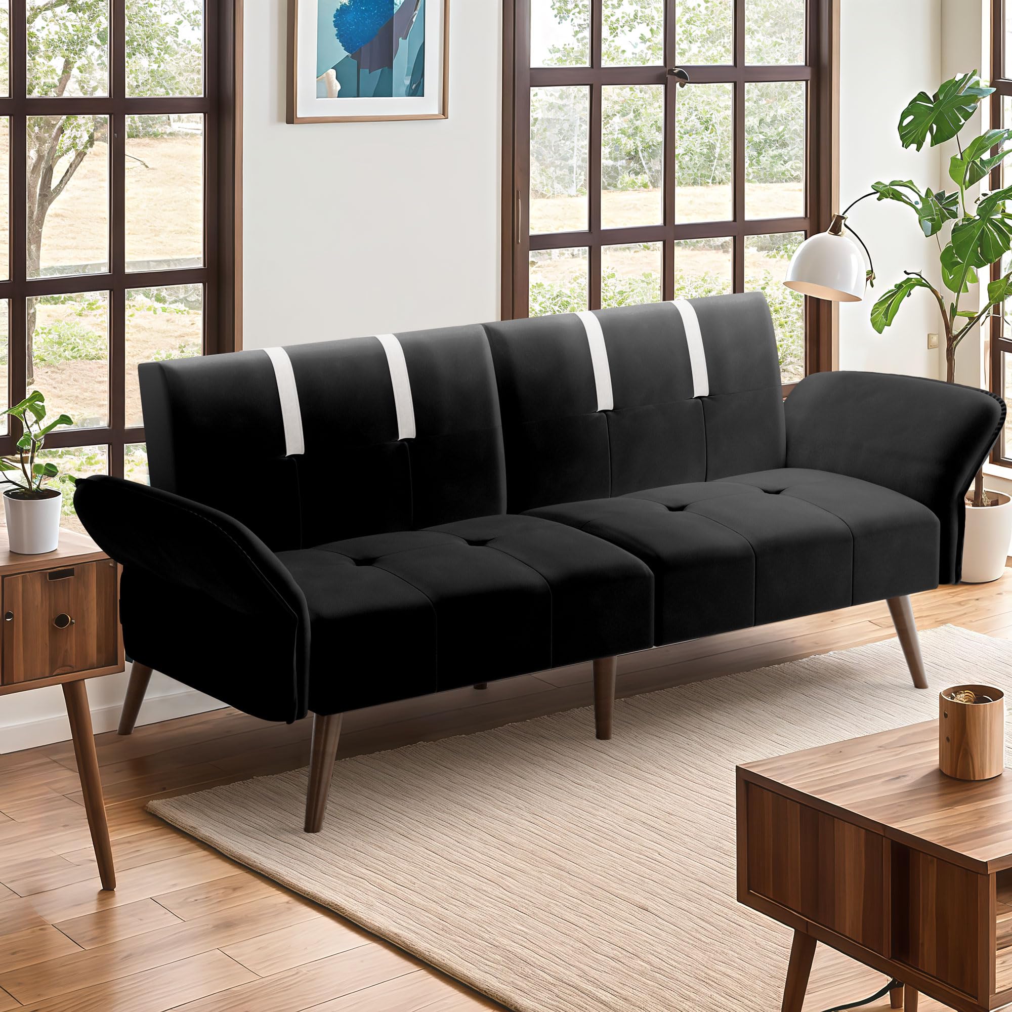 Shintenchi Futon Sofa Bed Modern Folding Sleeper Couch Bed for Living Room,Velvet Loveseat Sofa Couch Sofa cama for Apartments Office Small Spaces,w/Adjustable Armrests Backrest,Ivory White