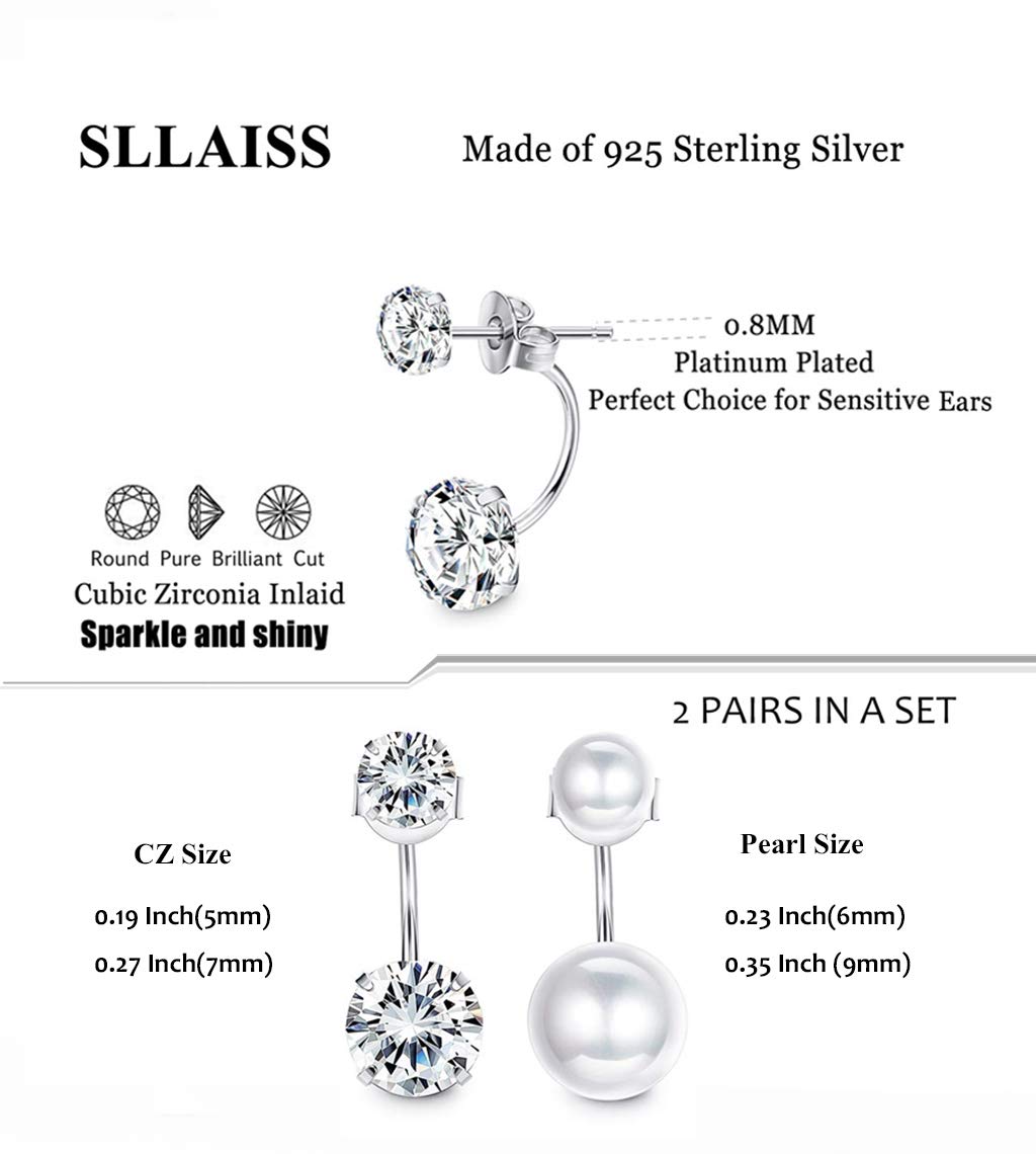 Sllaiss 2 Pairs Sterling Silver Double Ball Ear Jacket Earrings Set Cubic Zirconia Round Pearl Jewelry for Women (Silver)